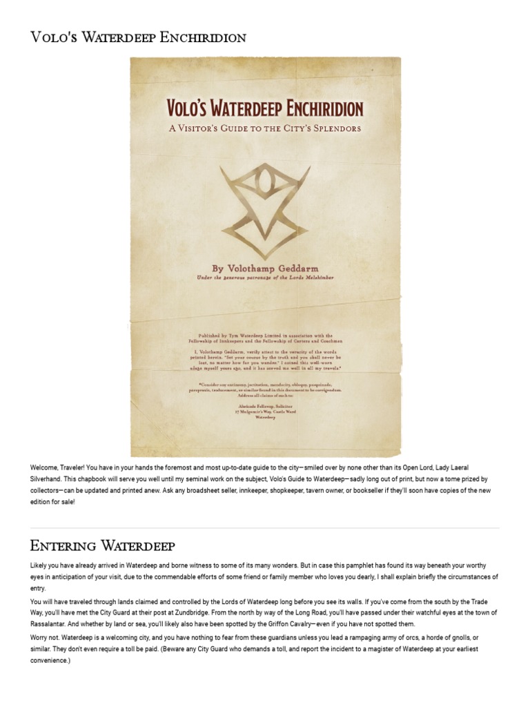 Volo's Waterdeep Enchiridion | PDF | Guild | Coins