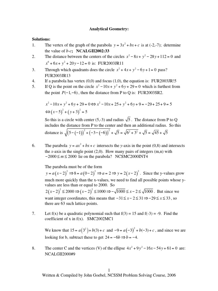 Y X BX C: Analytical Geometry: Solutions | PDF | Quadratic Equation | Algebra