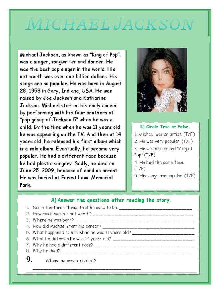 A) Answer The Questions After Reading The Story.: B) Circle True or ...