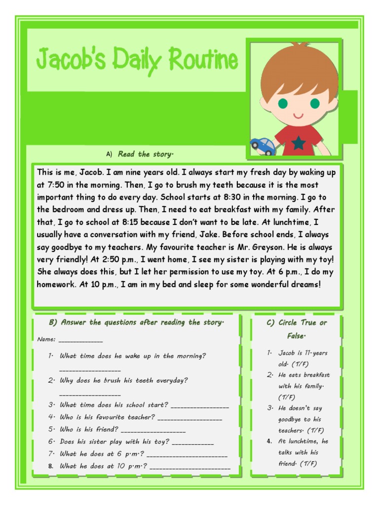Reading Comprehension Jacobs Daily Routine Reading Comprehension ...