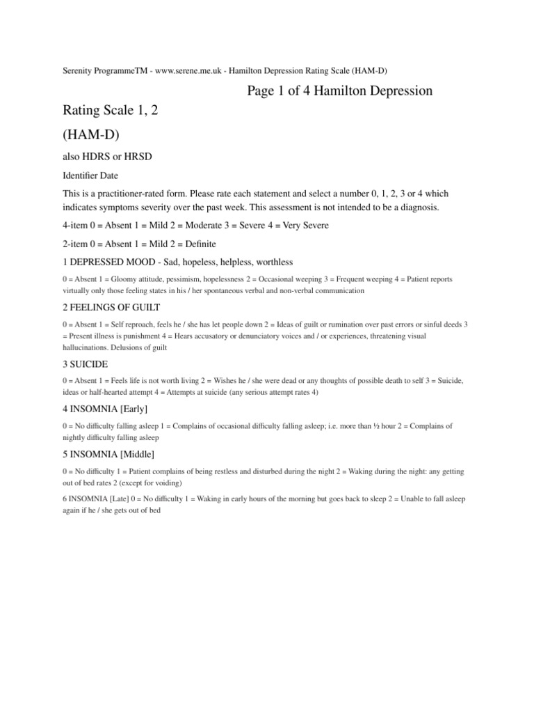 Page 1 of 4 Hamilton Depression Rating Scale 1, 2 (HAM-D) : Also HDRS ...