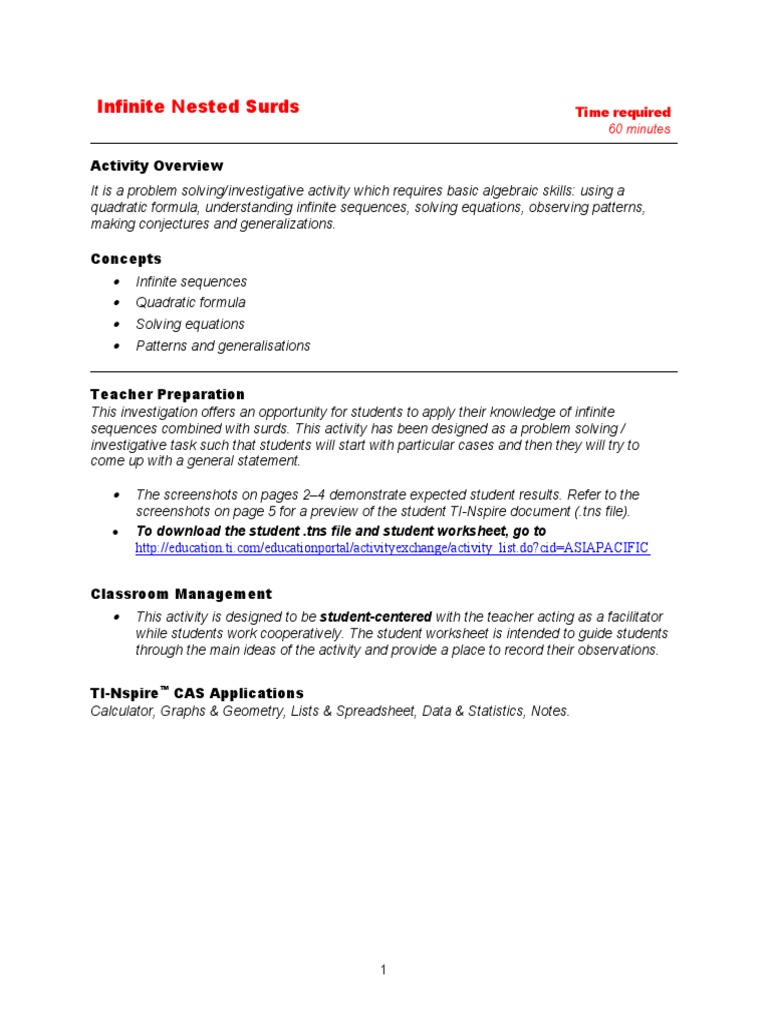 Infinite Nested Surds: Activity Overview | PDF | Quadratic Equation ...