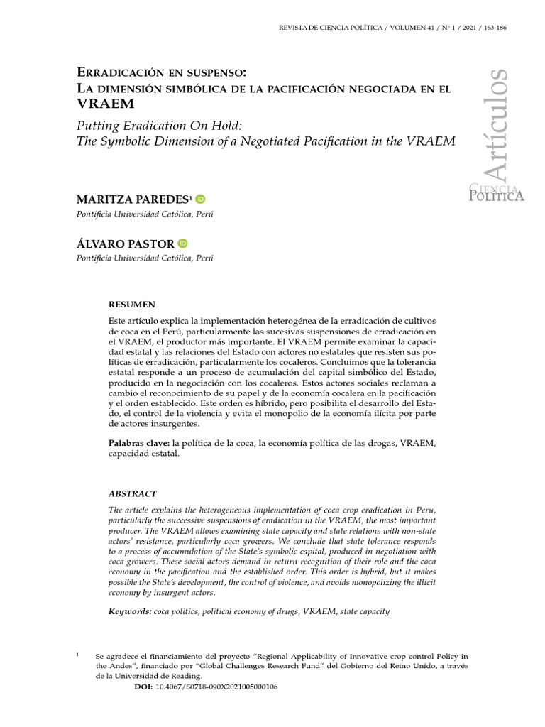 Estudio "Erradicación en Suspenso: La Dimensión Simbólica de La Pacificación Negociada en El ...
