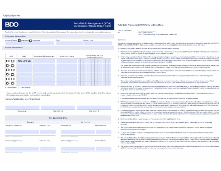 BDO Auto Debit Arrangement Form | PDF