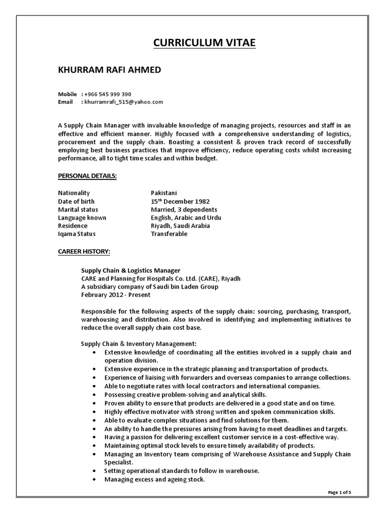 CV - Khurram Rafi Ahmed - 2021 | PDF | Supply Chain | Warehouse