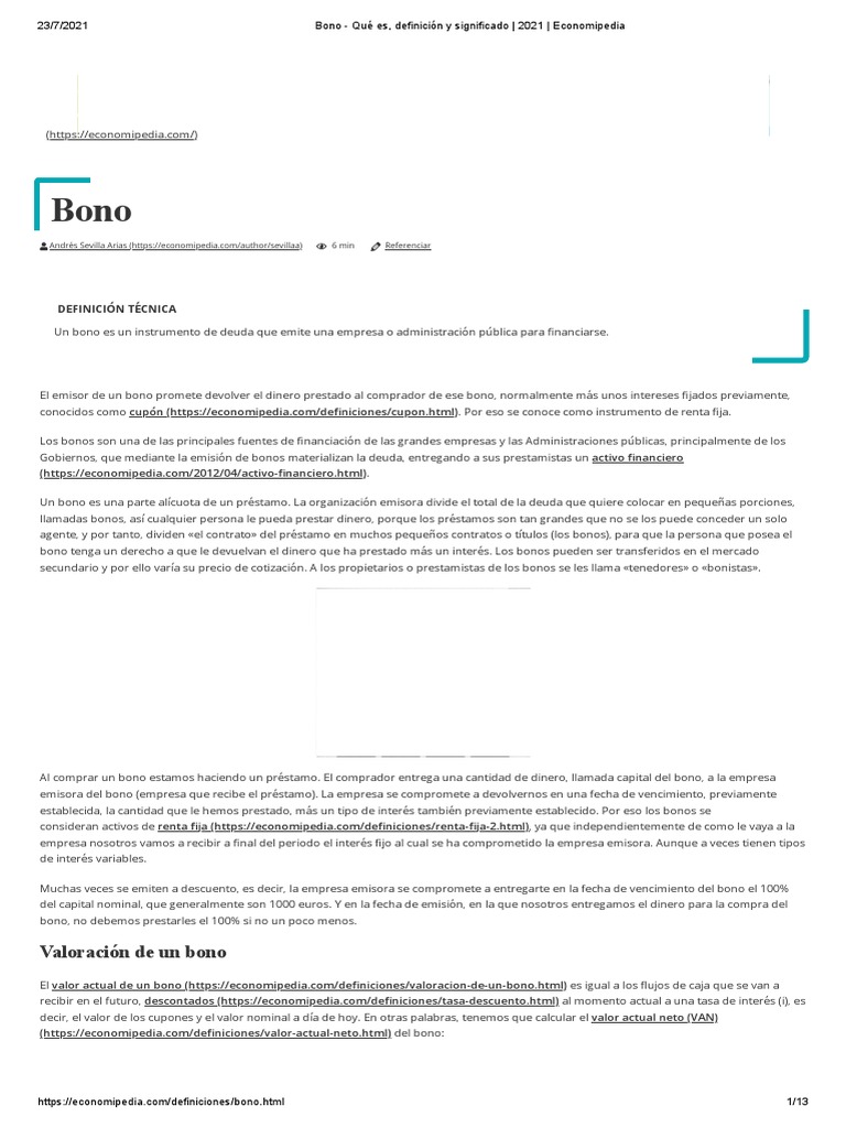 Bono - Qué Es, Definición y Significado - 2021 - Economipedia | PDF ...