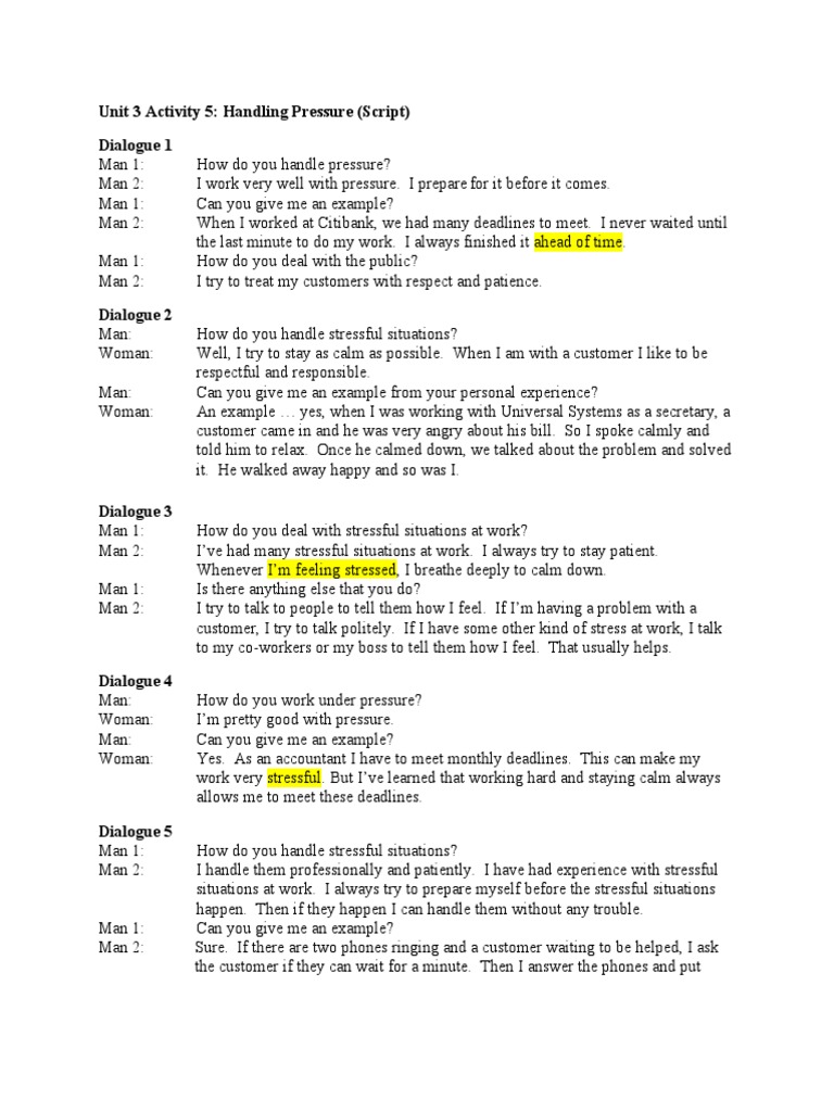 Unit 3 Activity 5: Handling Pressure (Script) Dialogue 1 | PDF
