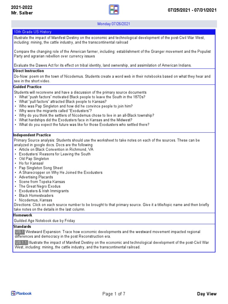 10th Grade US History Lesson Plans Week 1 | PDF | People's Party ...