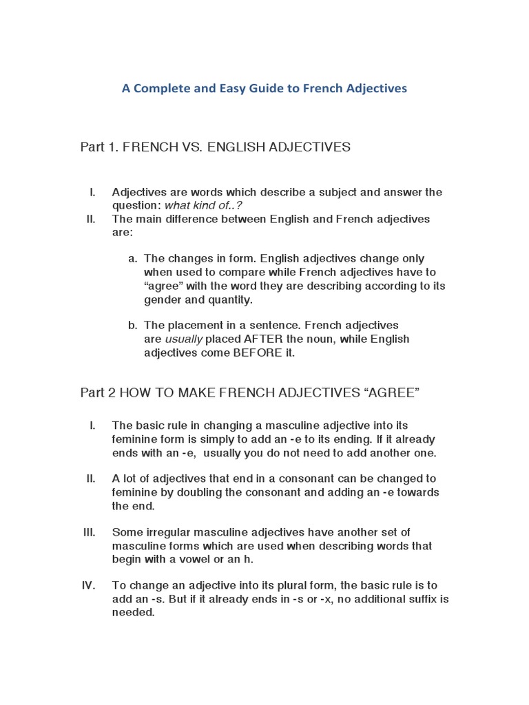 French Adjectives Guide for Learners | PDF | Adjective | Grammatical Gender