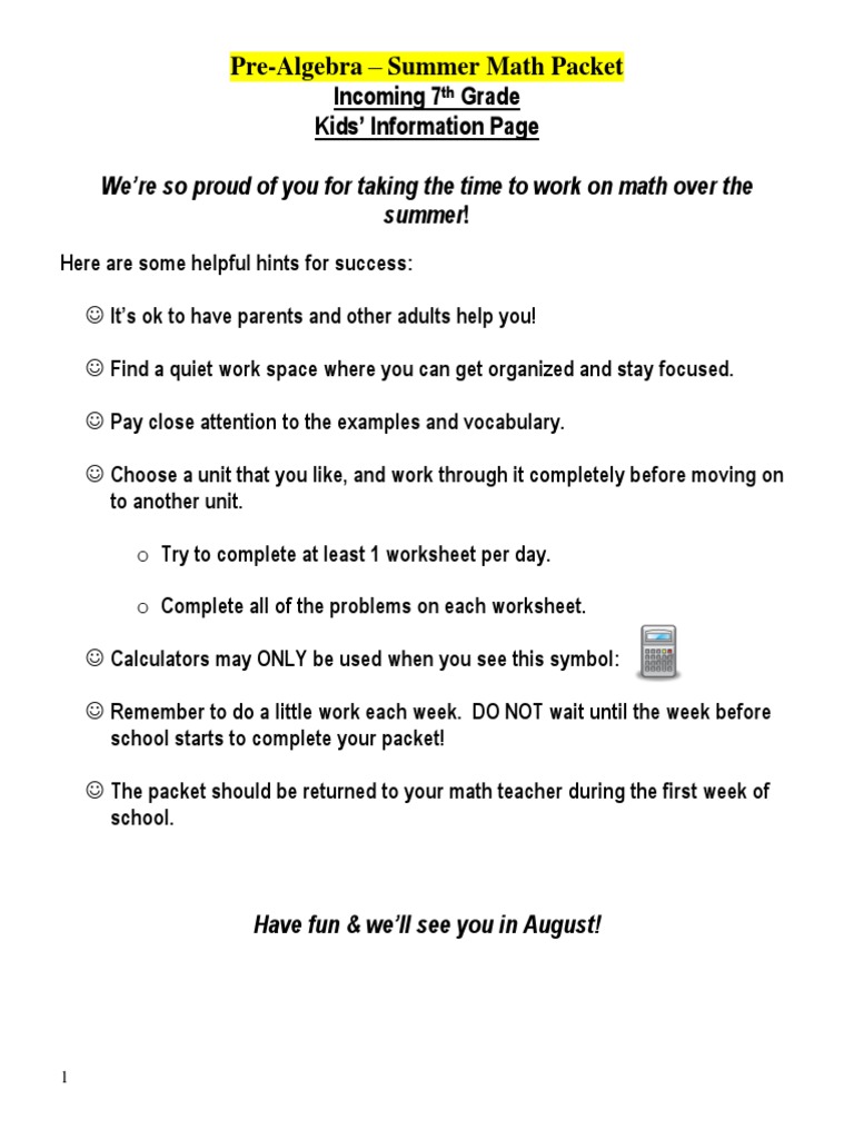 7th Grade Pre-Algebra Summer Packet | PDF | Area | Angle