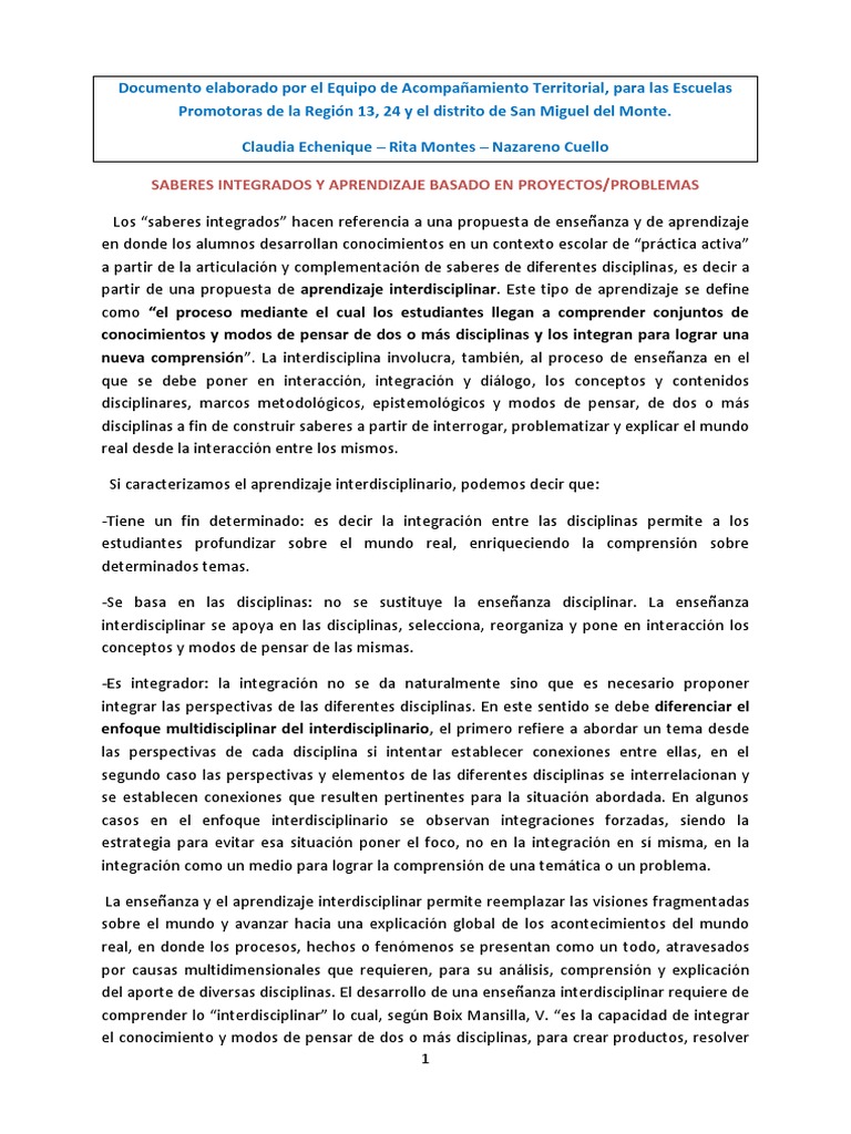 Saberes Integrados - EABP | PDF | Interdisciplinariedad | Aprendizaje