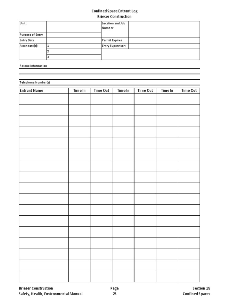 Confined Space Entrant Log Brieser Construction: Location and Job ...