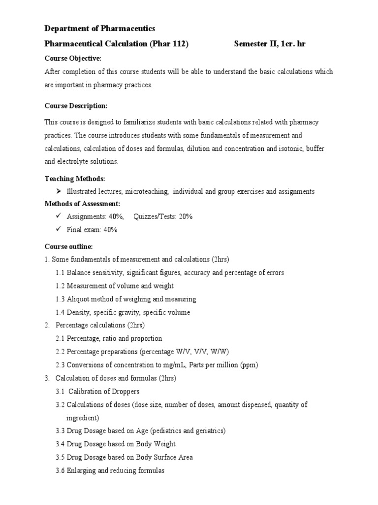 Pharmaceutical Calculations Course Outline | PDF | Dose (Biochemistry ...