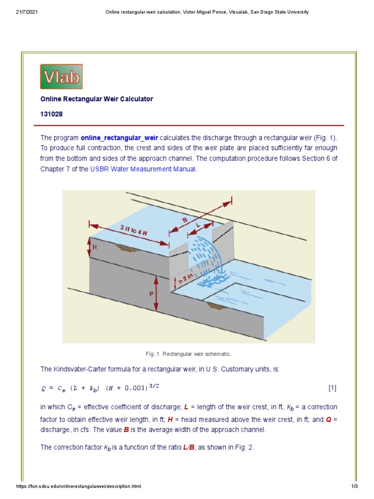 Online Rectangular Weir Calculation, Victor Miguel Ponce, Visualab, San ...