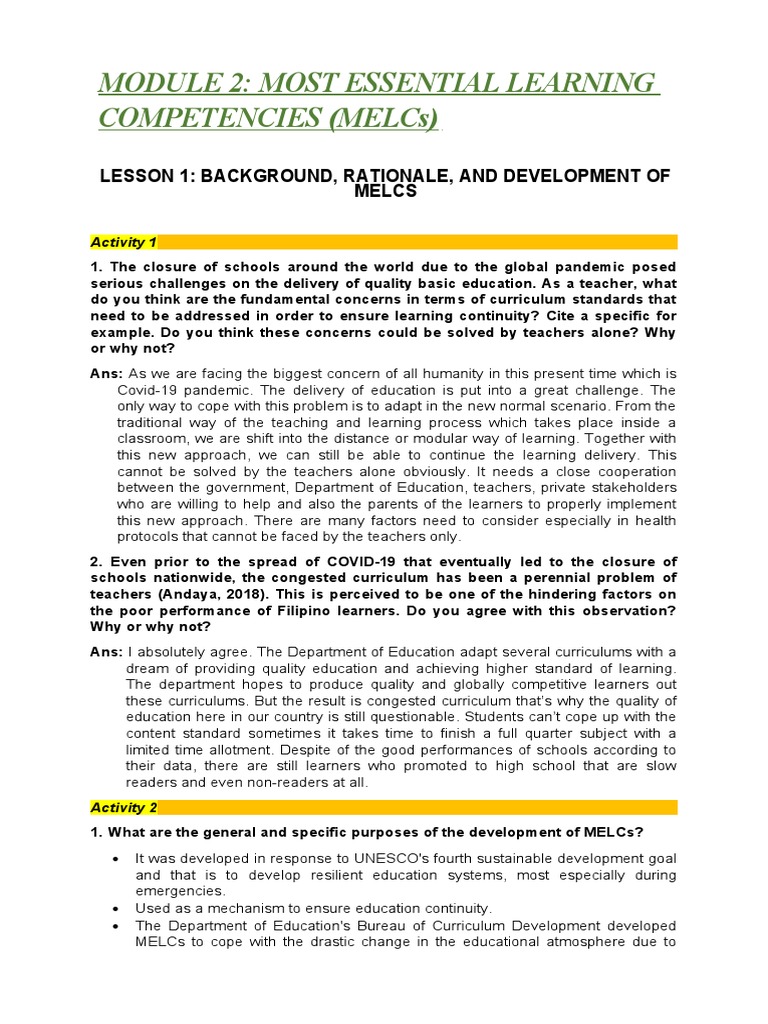 Module 2: Most Essential Learning Competencies (Melcs) : Lesson 1 ...