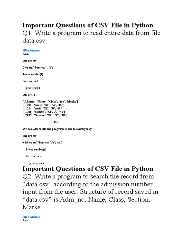 Important Questions of CSV File in Python | PDF | Comma Separated ...