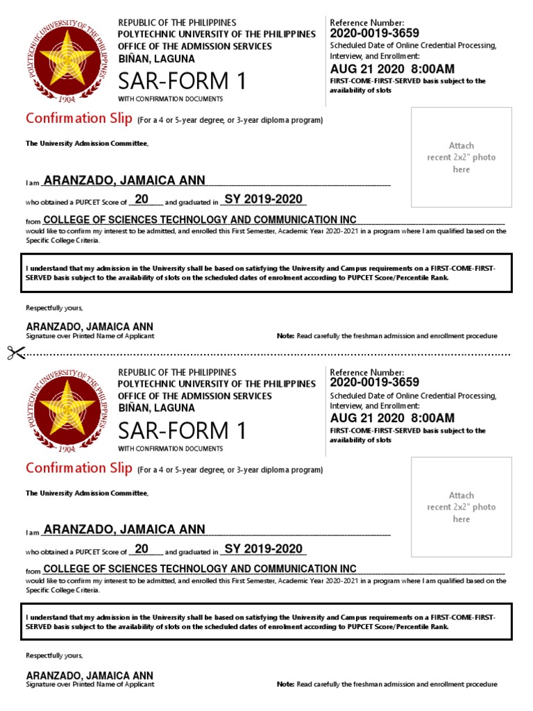 Sar-Form 1: Confirmation Slip | PDF | University And College Admission ...