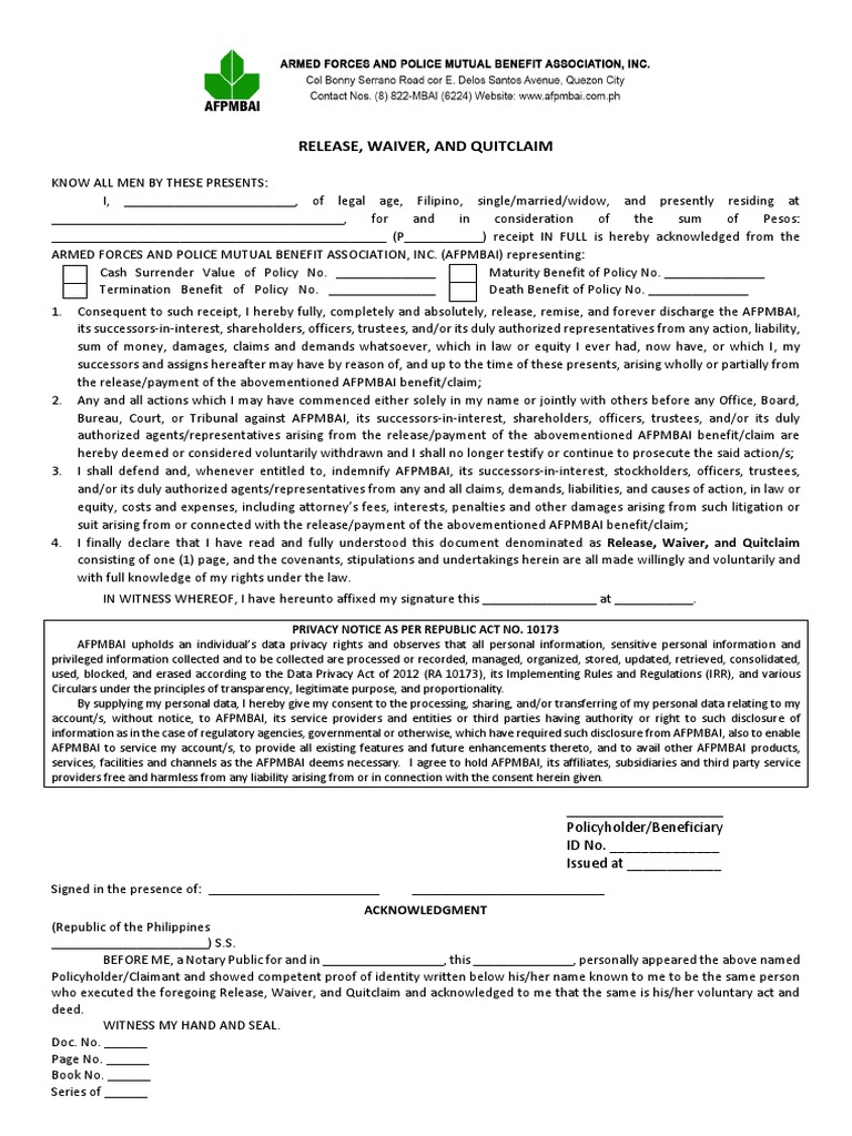 AFPMBAI Release and Waiver Form | PDF | Information Privacy | Privacy