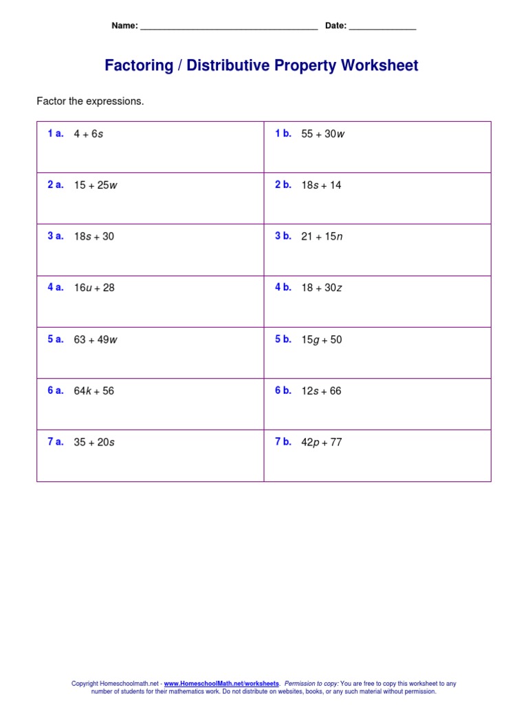 Factoring / Distributive Property Worksheet: Factor The Expressions ...