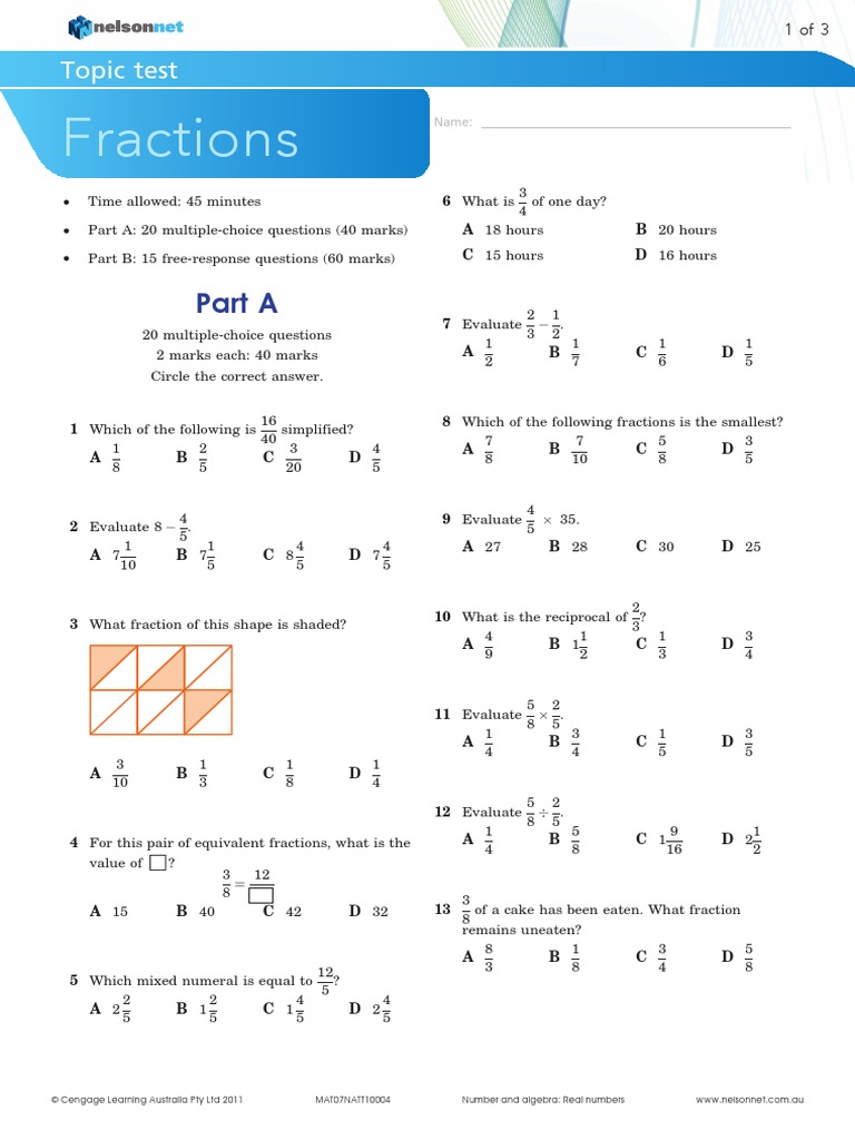 Chapter 4 - Fractions Topic Test PDF | PDF | Elementary Mathematics ...