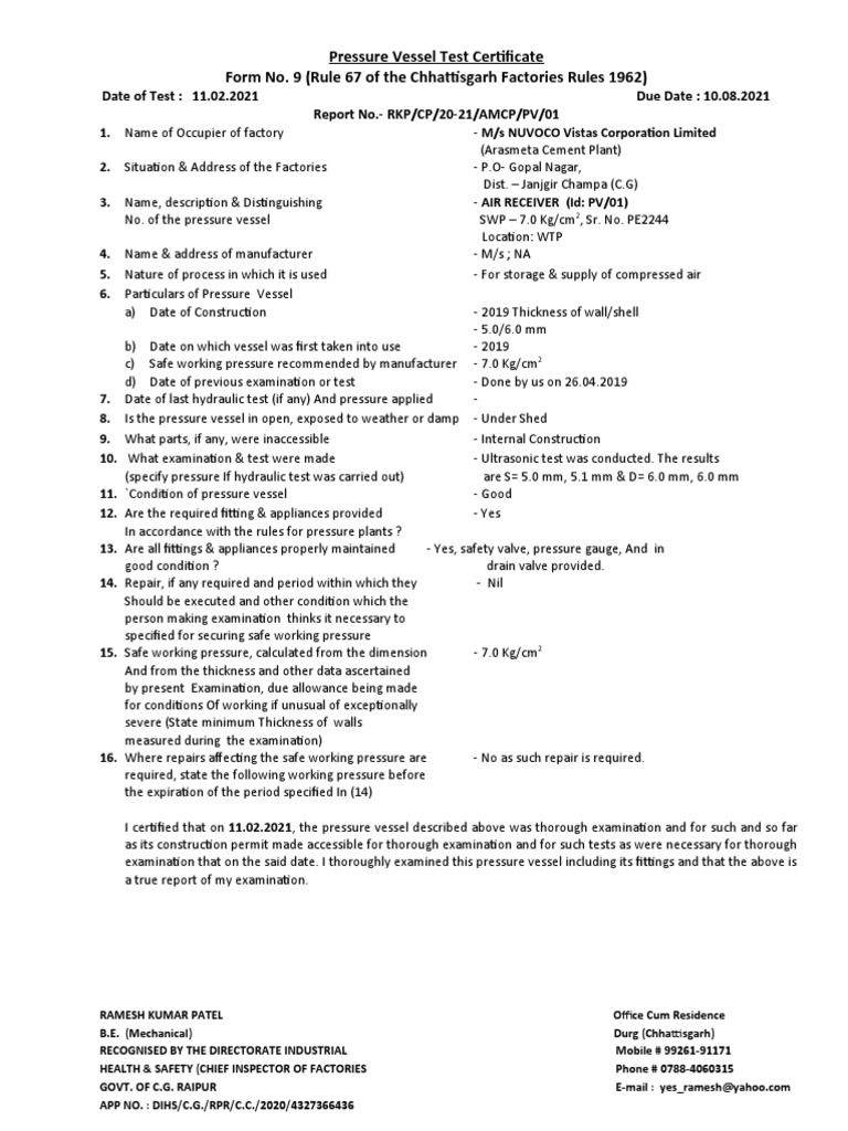 Pressure Vessel Test Certificate Form No. 9 (Rule 67 of The ...