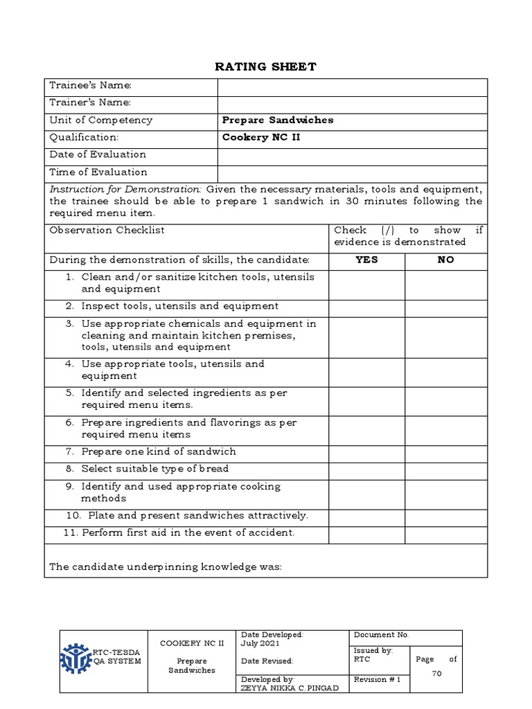 Rating Sheet: Instruction For Demonstration: Given The Necessary ...