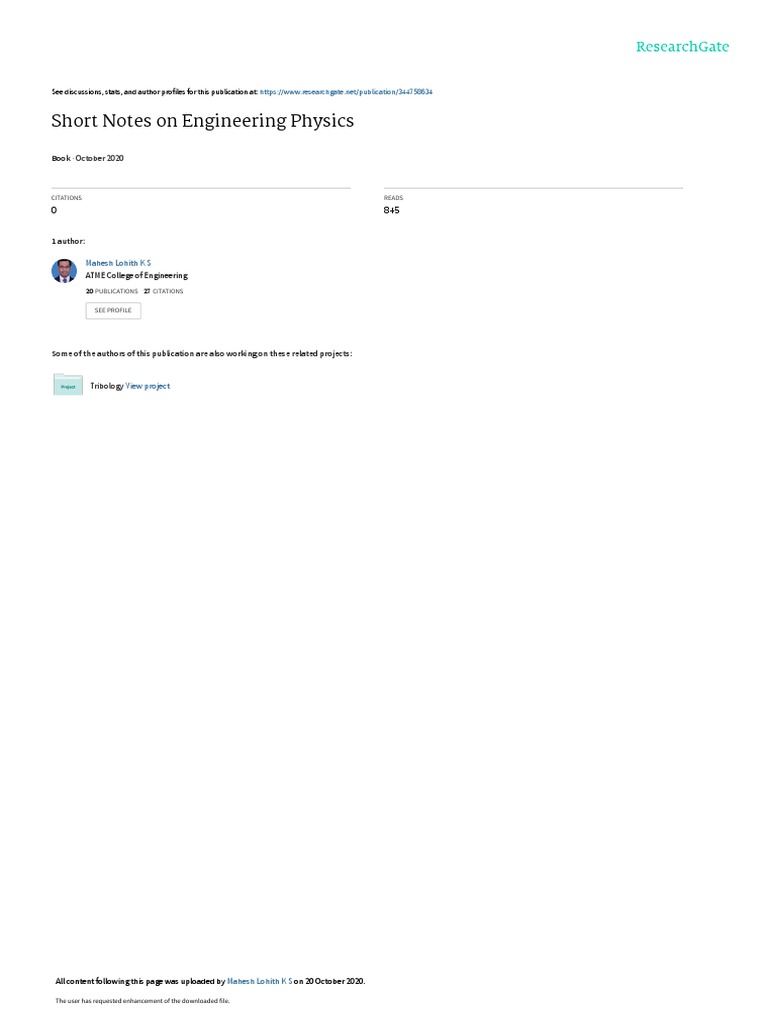 Short Notes On Engineering Physics: October 2020 | PDF | Theoretical ...