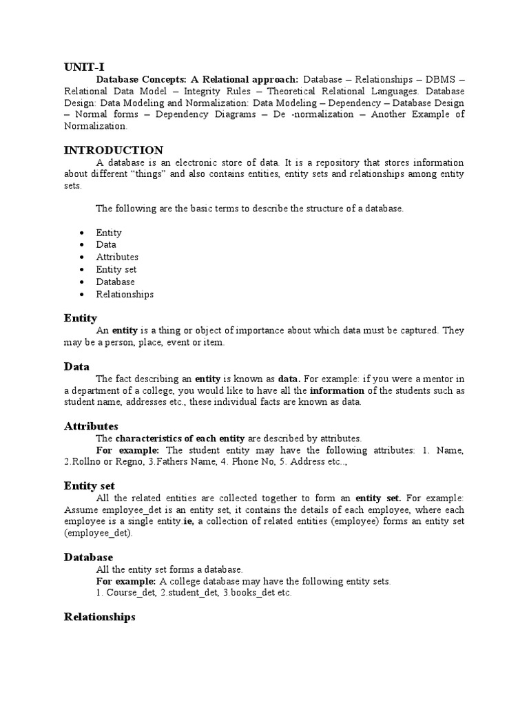 Unit-I: Database Concepts: A Relational Approach: Database ...