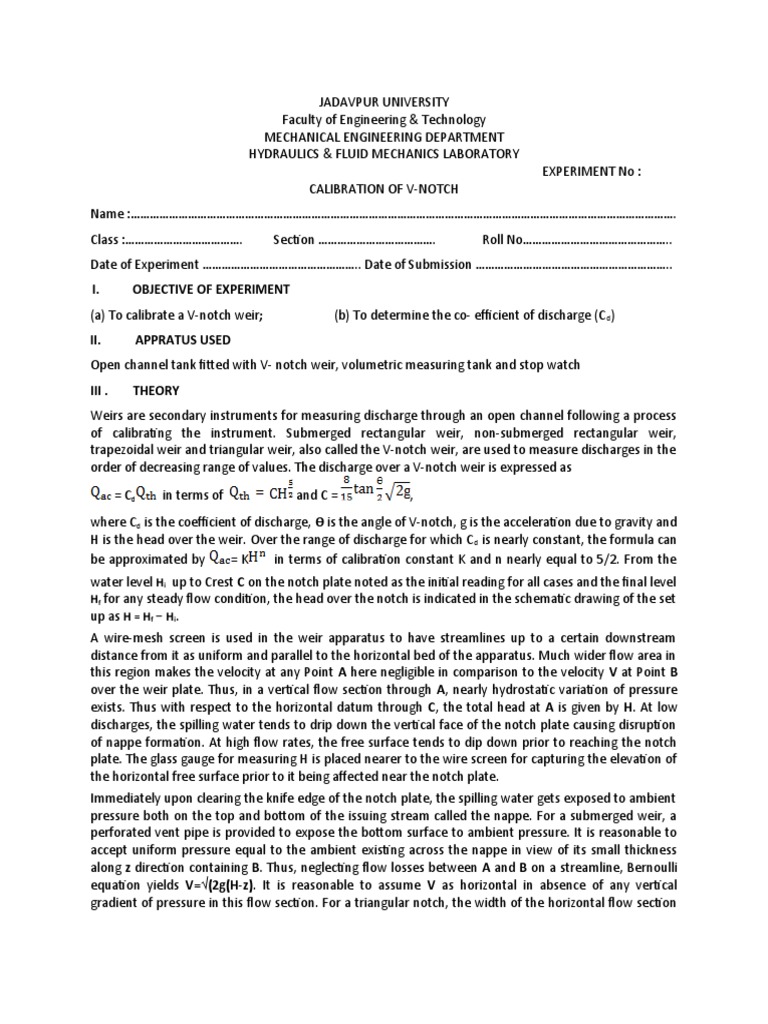 V-Notch Weir Calibration Procedure | PDF | Pressure | Fluid Dynamics
