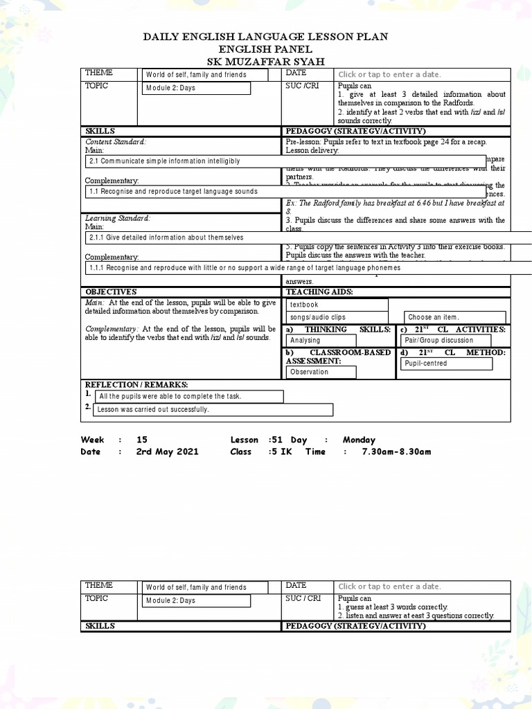 Daily English Language Lesson Plan English Panel SK Muzaffar Syah | PDF ...