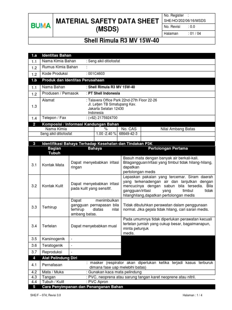MSDS Shell Rimula R3 MV 15W-40 | PDF