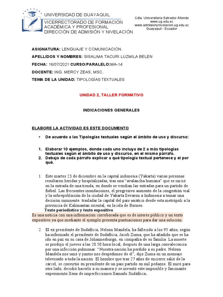 U2TA13 Tipologías Textuales Según La Forma Del Discurso y Según El ...