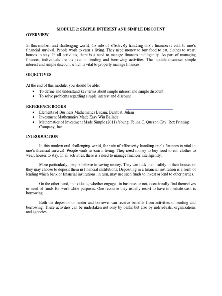 Module 2-Simple Interest and Simple Discount | PDF | Interest | Debt