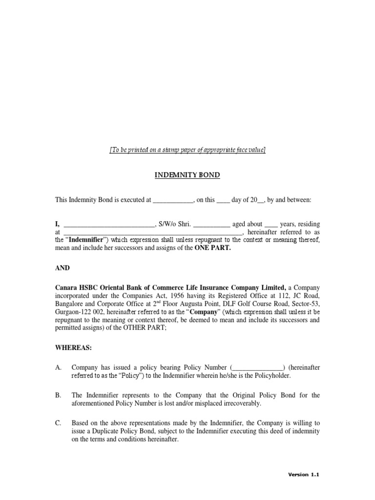 (To Be Printed On A Stamp Paper of Appropriate Face Value) : Indemnity Bond | Download Free PDF ...