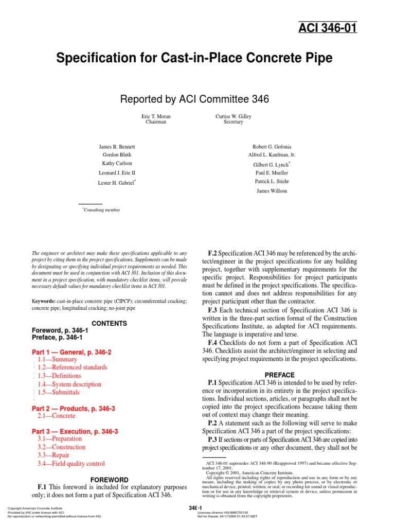 ACI 346 - Specification For Cast-In-Place Concrete Pipe (2001) | PDF | Concrete | Pipe (Fluid ...