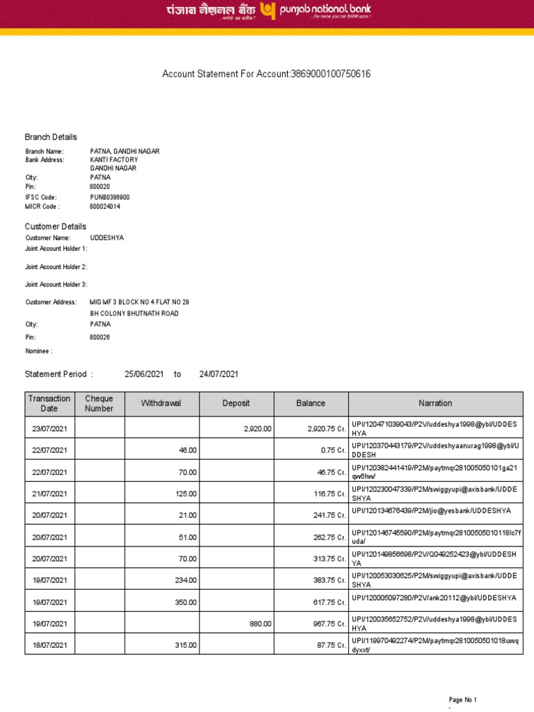 Account Statement For Account:3869000100750616: Branch Details | PDF ...