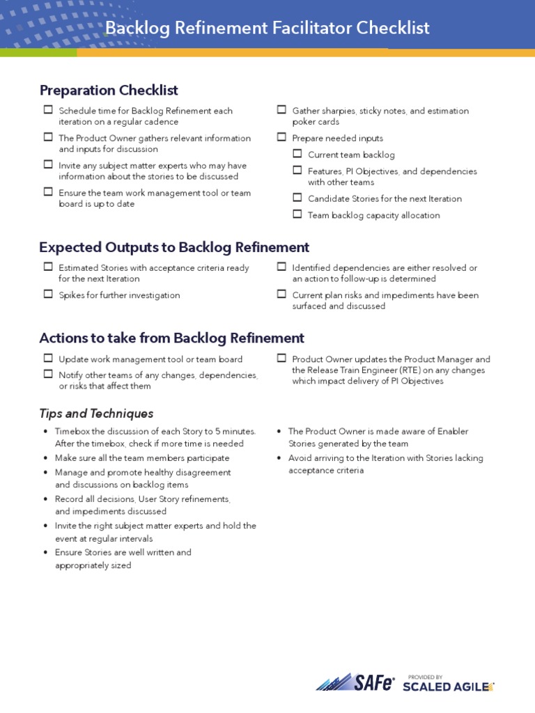 Backlog Refinement Facilitator Checklist | PDF | Scrum (Software ...