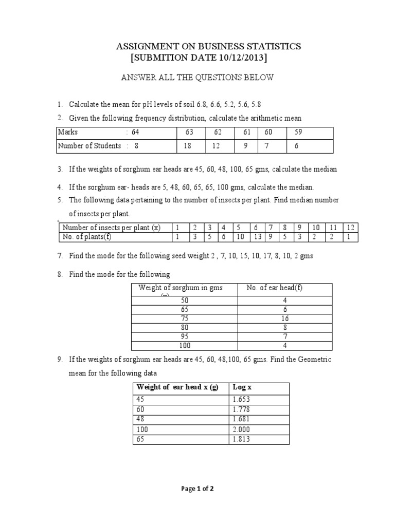 Assignment On Business Statistics (SUBMITION DATE 10/12/2013) | PDF ...