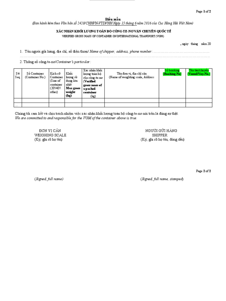 Bieu - Mau - Phieu - Can - SOLAS-VGM (2428CHH) - V01 | PDF