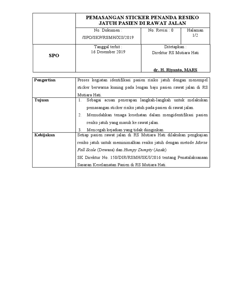 Pemasangan Sticker Risiko Jatuh Pasien | PDF