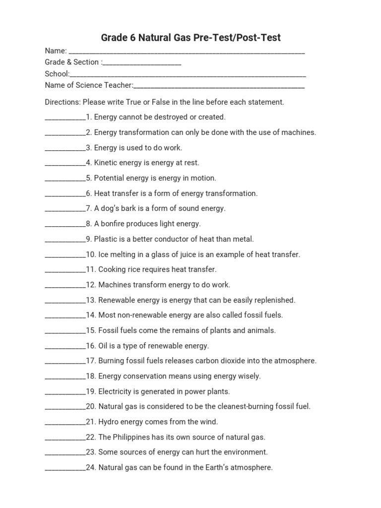 Grade 6 Natural Gas Pre-Post Test | PDF | Business | Technology ...