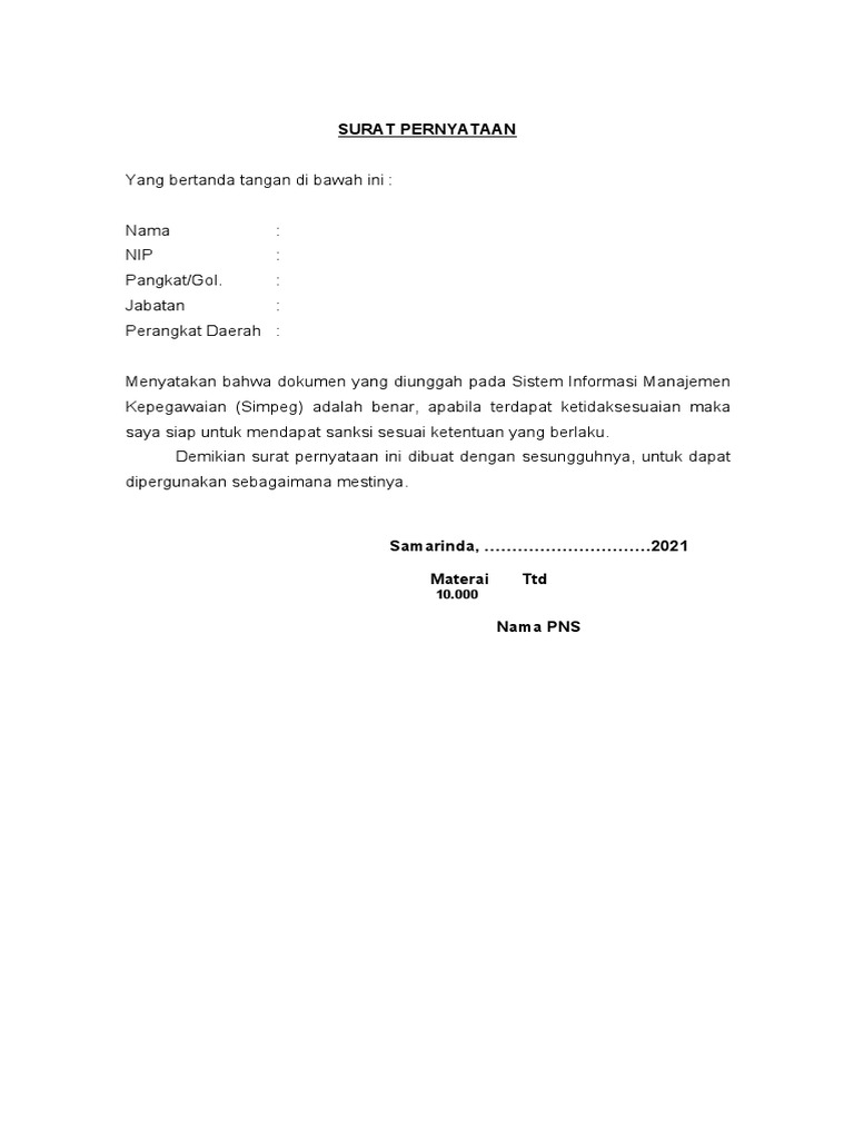 Contoh Surat Pernyataan Dokumen Dan Hukdis | PDF