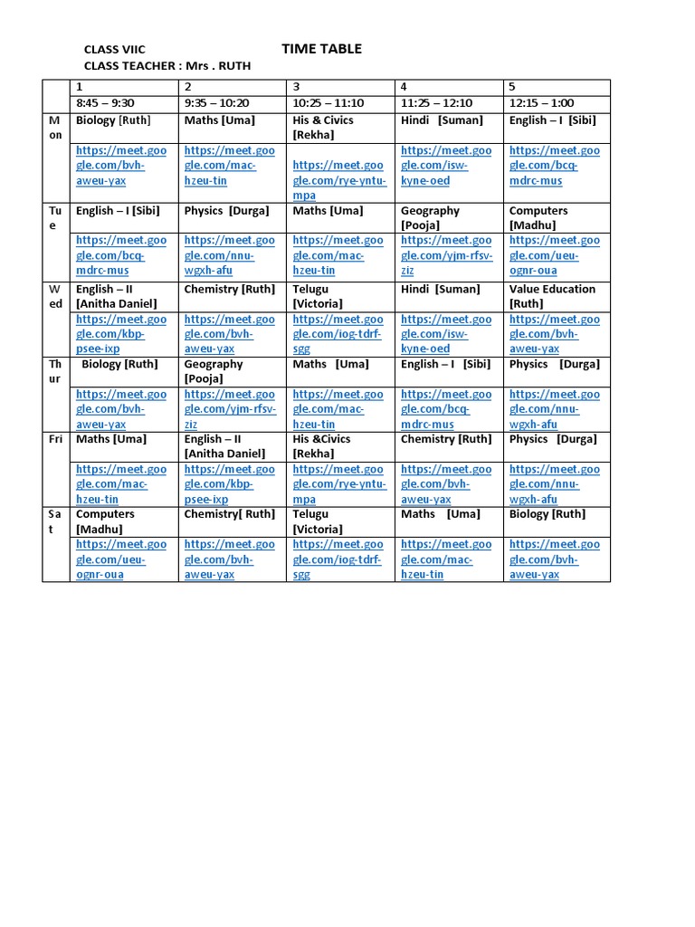 Time Table: Class Viic Class Teacher: Mrs - Ruth | Download Free PDF ...