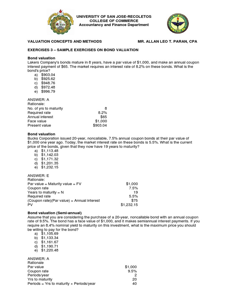 Bond Valuation Exercises and Solutions | PDF | Bonds (Finance) | Yield ...