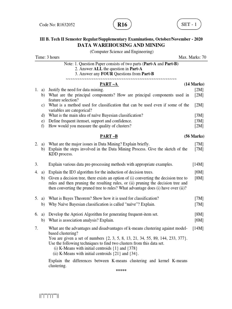 Data Warehousing and Mining Exam Questions | PDF | Cluster Analysis ...
