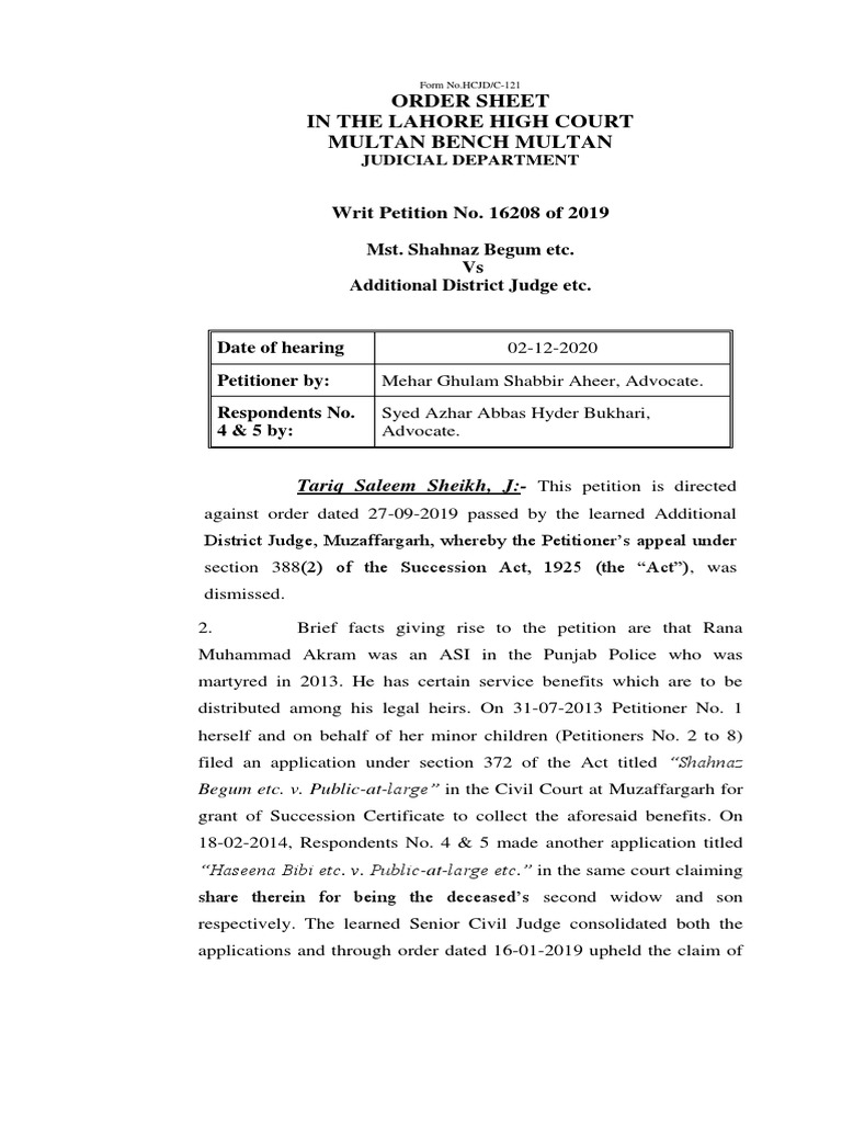Order Sheet in The Lahore High Court Multan Bench Multan: Mst. Shahnaz ...