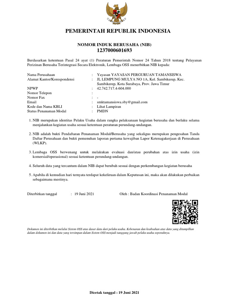 Contoh NIB Yayasan Perguruan Tamansiswa | PDF