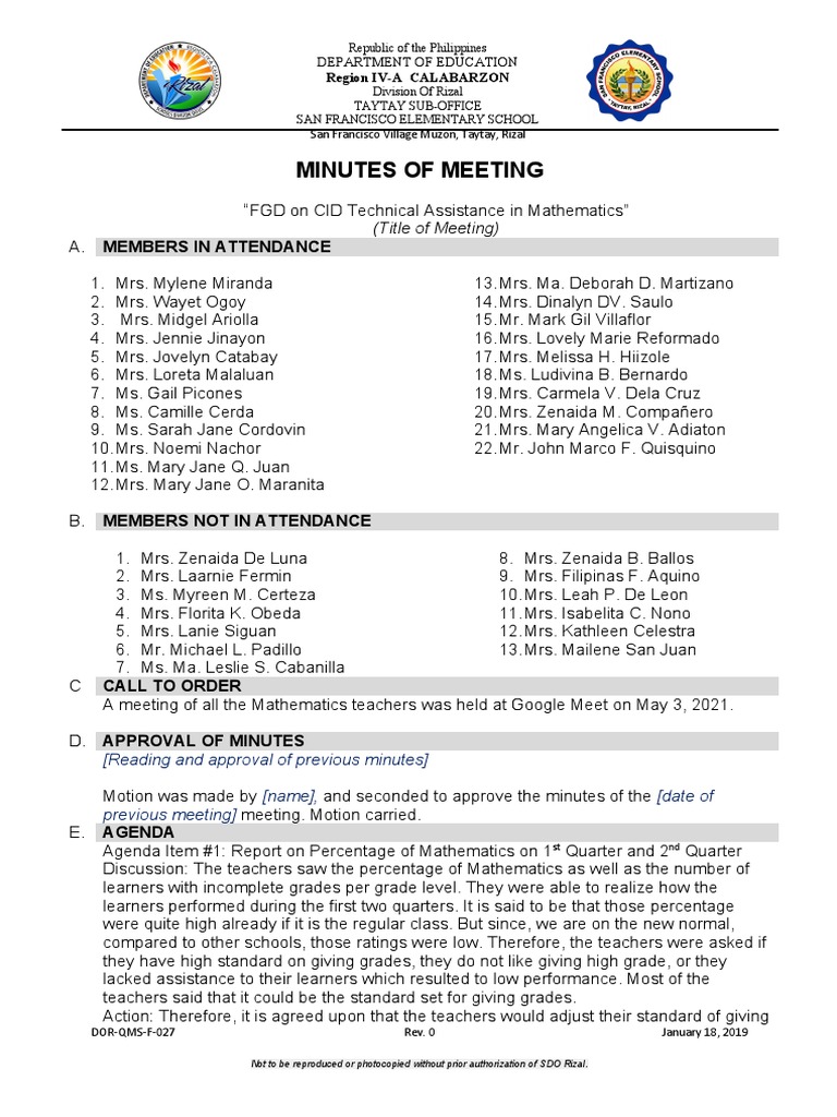 Minutes-of-Meeting-FGD On CID Technical Assistance in Math | PDF ...