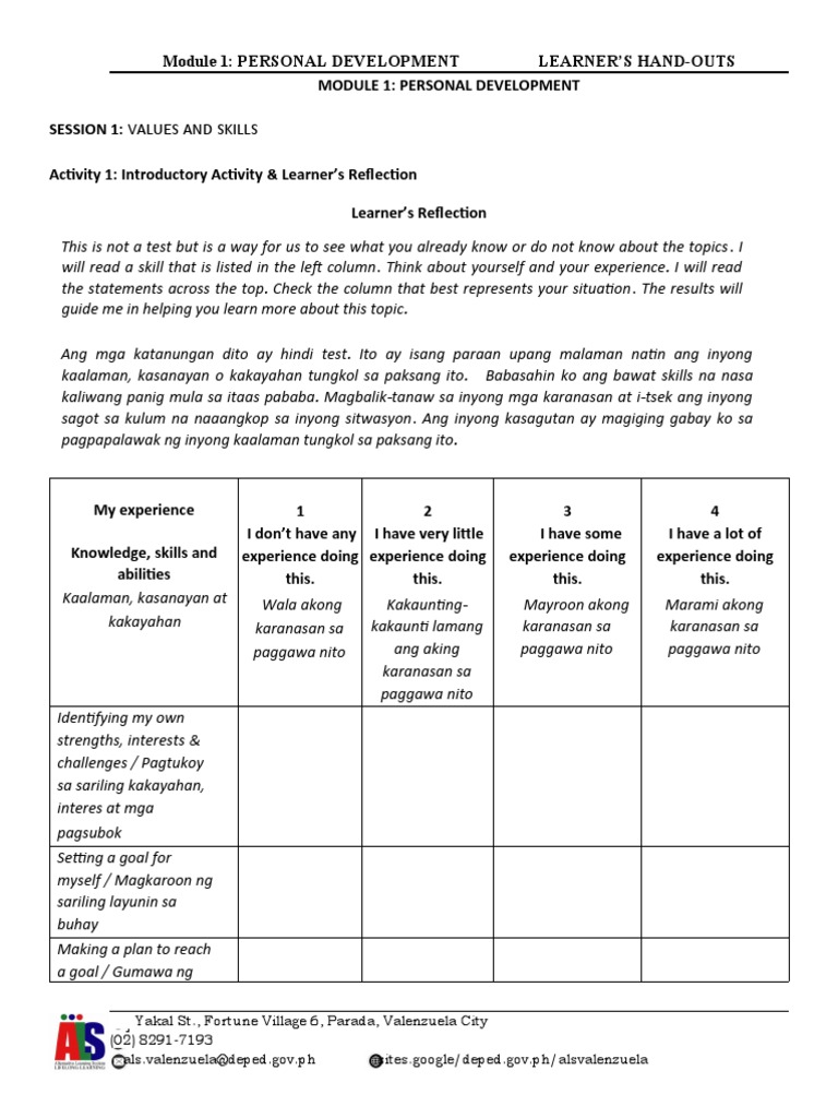 LS MODULE 1 HANDOUT Activity 1-10, 19 PP | PDF | Learning Styles ...