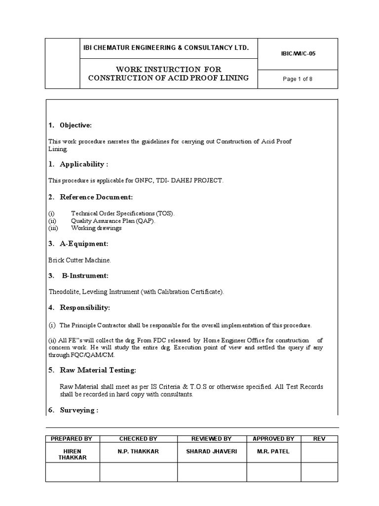 Acid Proof Lining Construction Guidelines | PDF | Brick | Business